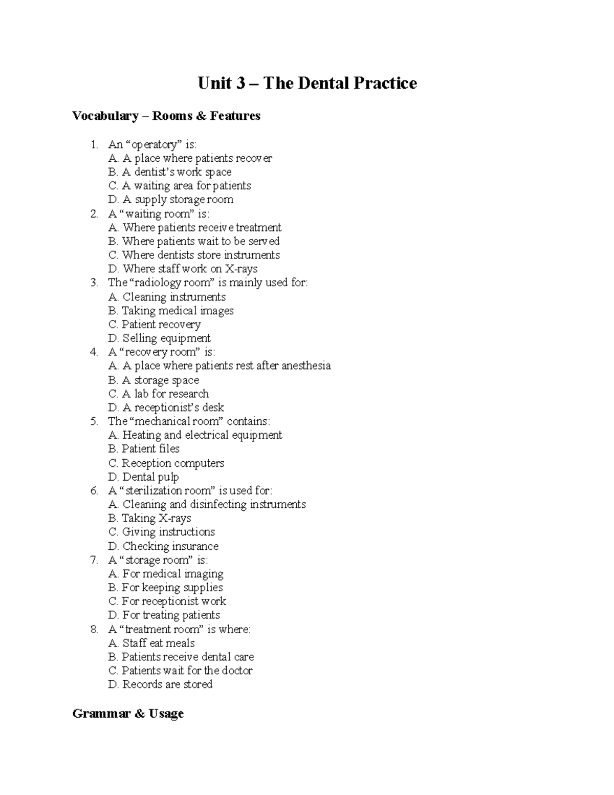 Unit 3 Vocabulary Practice: Dental Practice Features and Rooms - Studocu