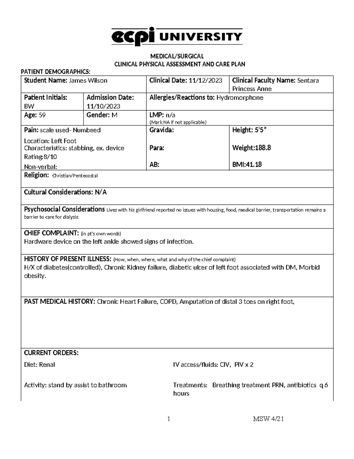 Med Surg Careplan 11 - Comprehensive Clinical Assessment and Management ...