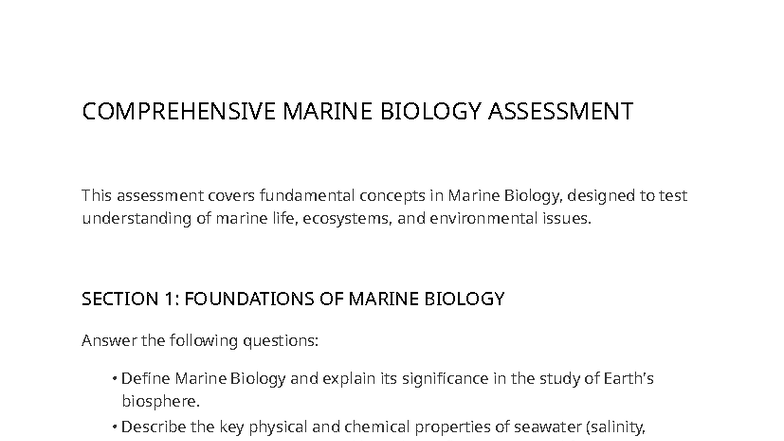MARINE BIOLOGY ASSESSMENT: KEY CONCEPTS & MARINE LIFE - Studocu