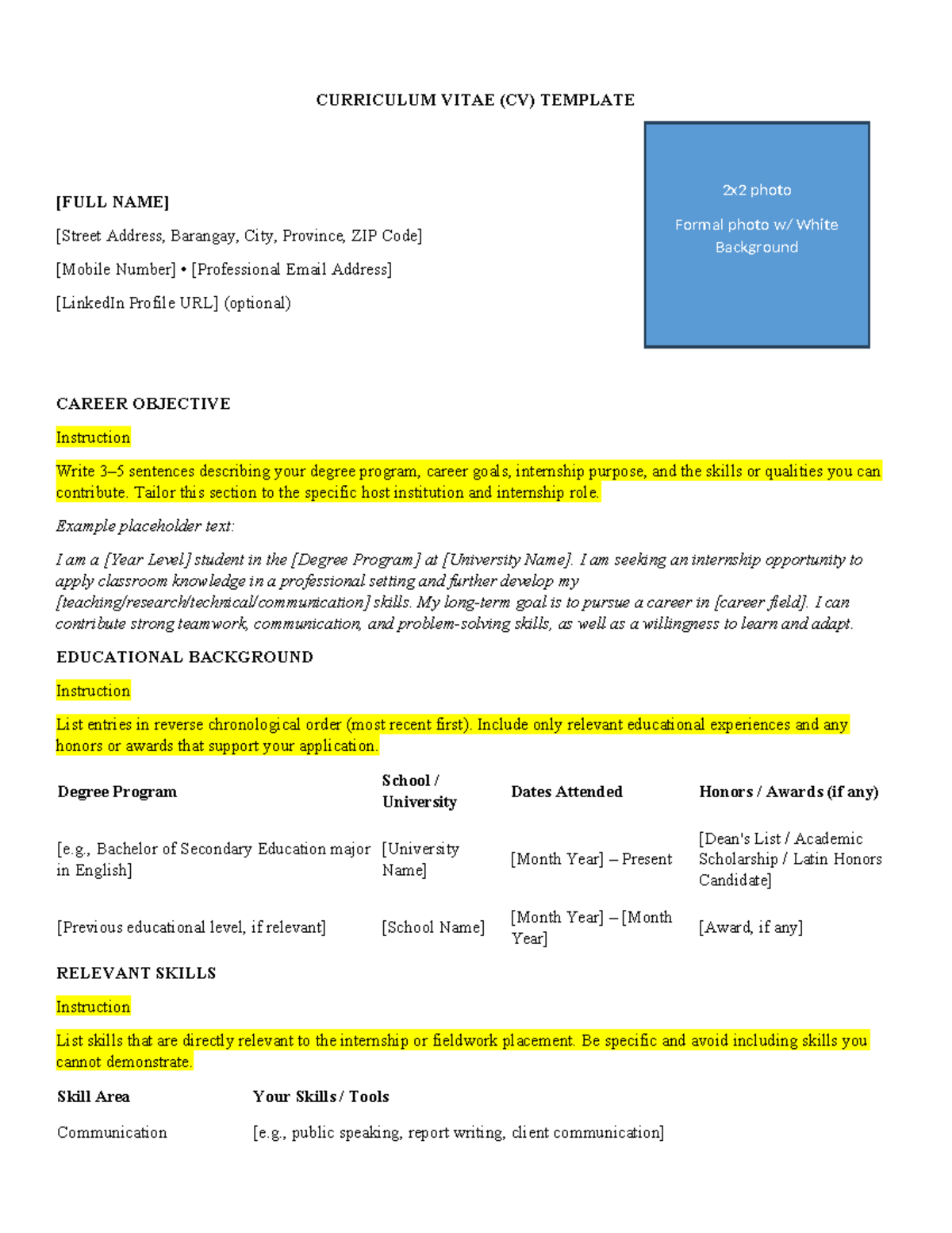 BSED Internship CV Template: Professional Format & Guidelines - Studocu