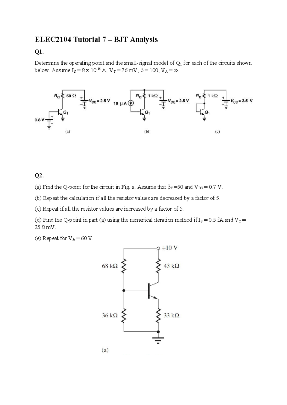 ELEC2104 Tutorial 7: BJT Analysis and Operating Point Determination ...
