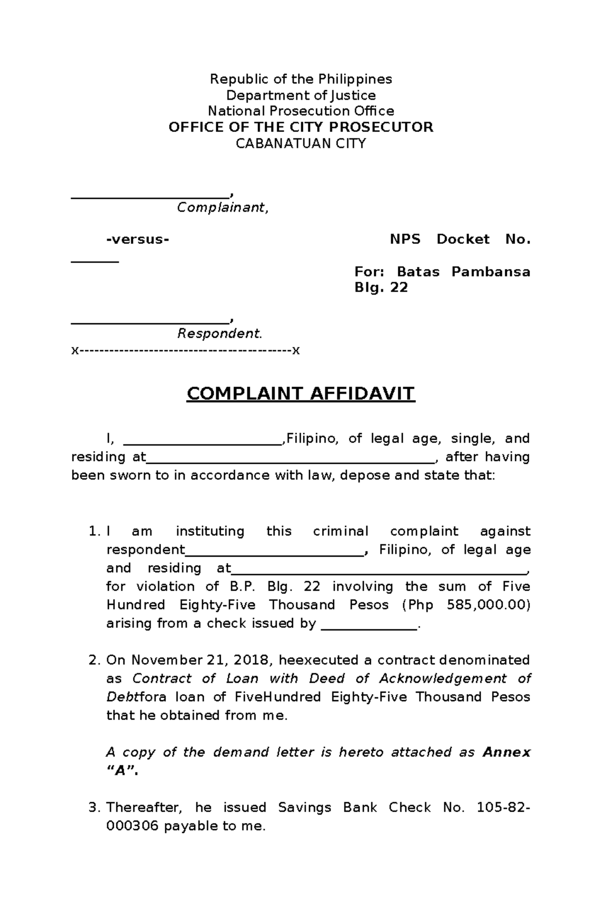 Complaint Affidavit Sample for Batas Pambansa Blg. 22 Case - Studocu