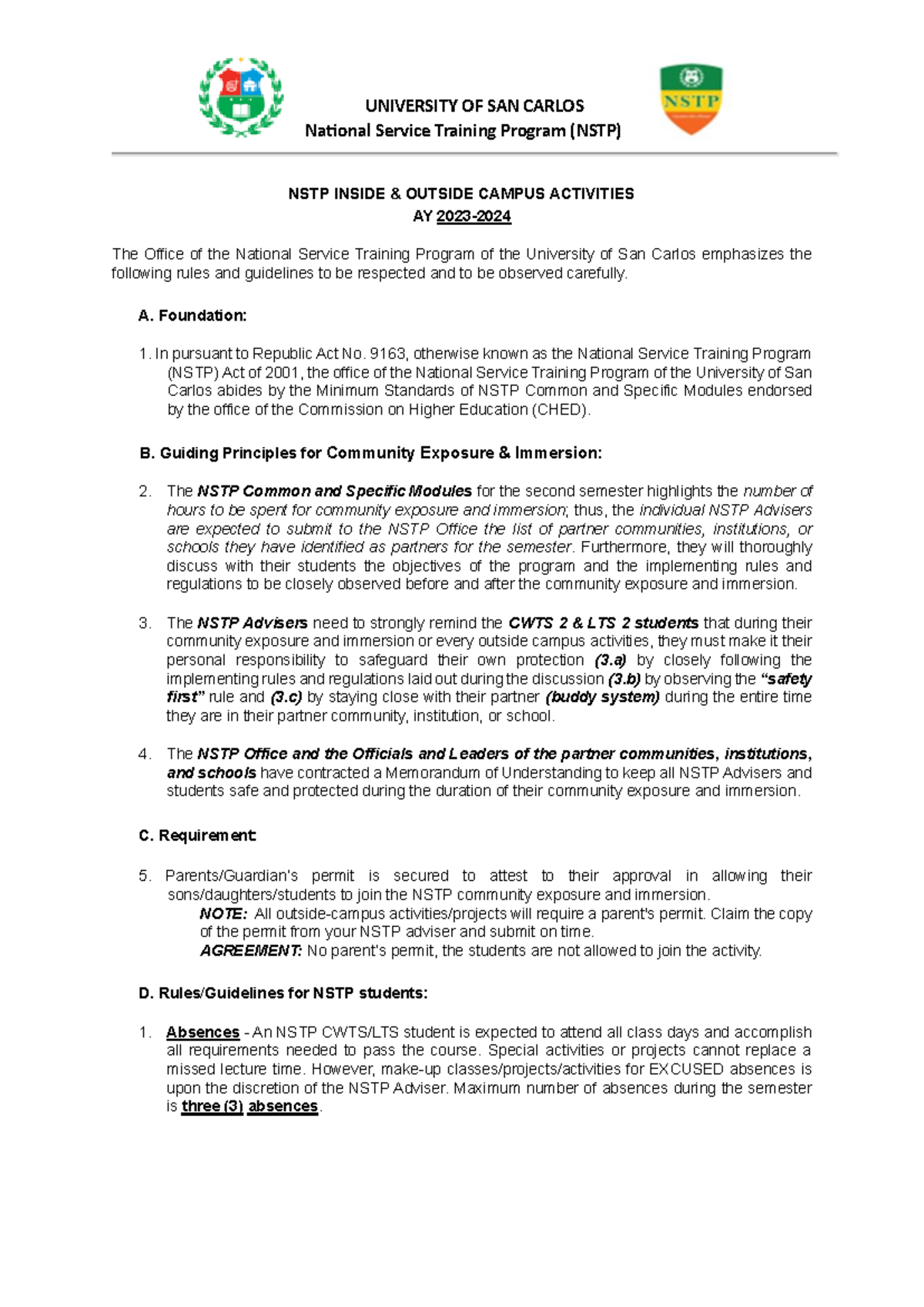 Revised NSTP Guidelines for 2nd Sem AY 2023-2024 Activities - Studocu