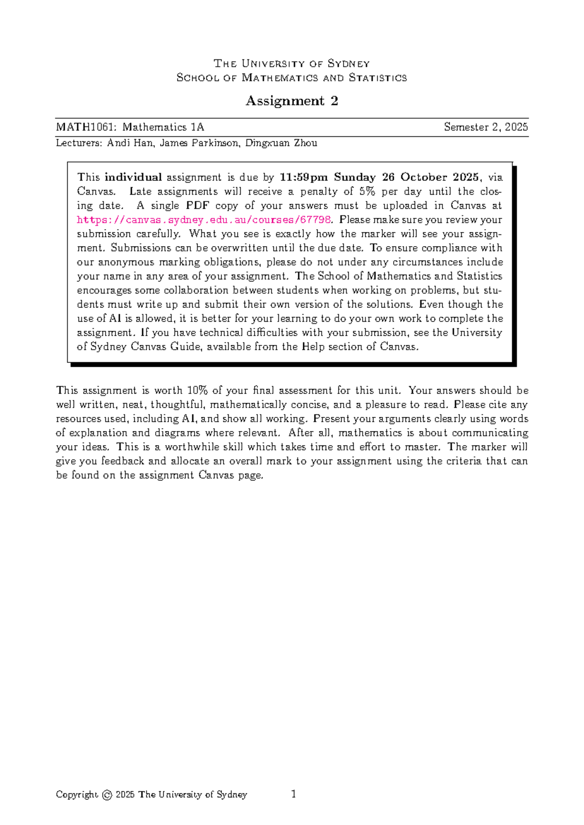 MATH1061 Assignment 2: Mathematics 1A - Semester 2, 2025 - Studocu