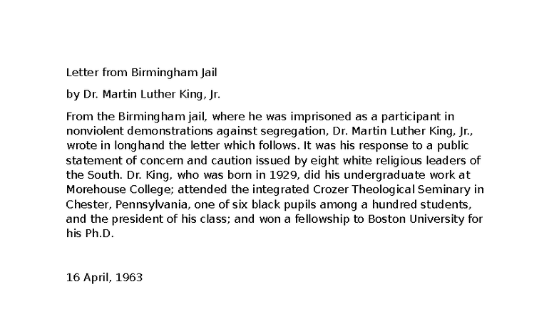 Letter from Birmingham Jail: Dr. Martin Luther King, Jr.'s Response ...