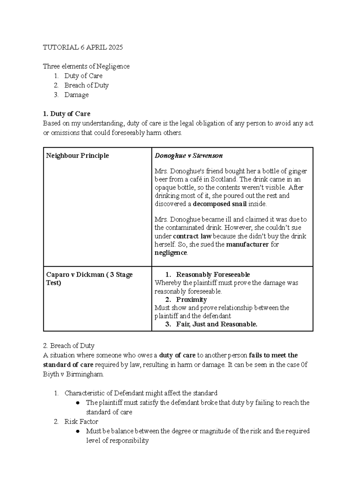 Negligence Tutorial Notes: Key Elements & Legal Cases - Studocu