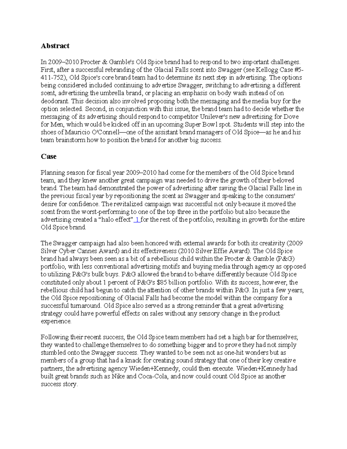 Old spice case - harvard coursepack - Abstract In 2009–2010 Procter ...