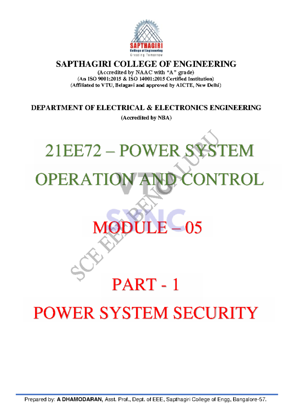 21EE72 Power System Operation and Control: Module 05 - Security ...