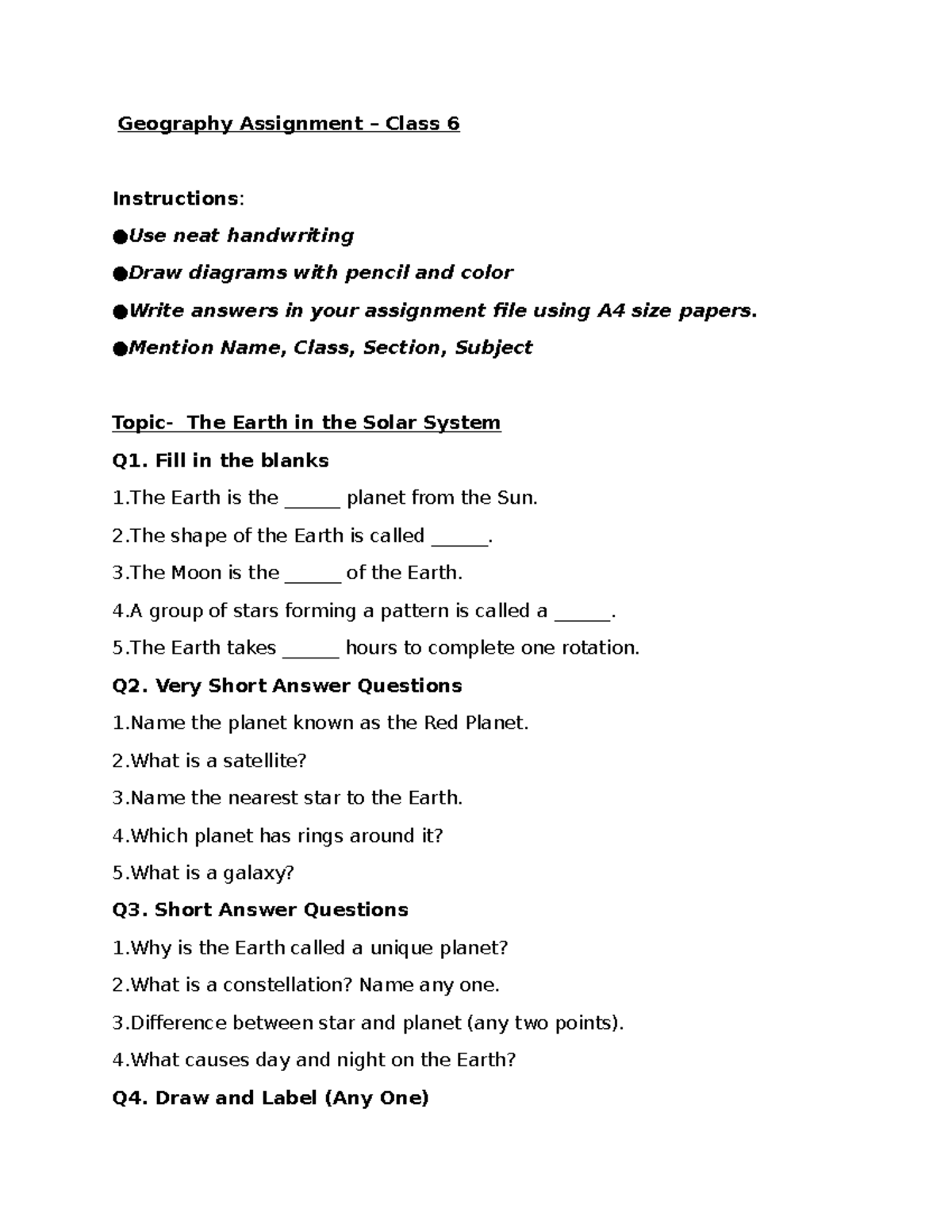 Geography Assignment: The Earth in the Solar System - Class 6 - Studocu