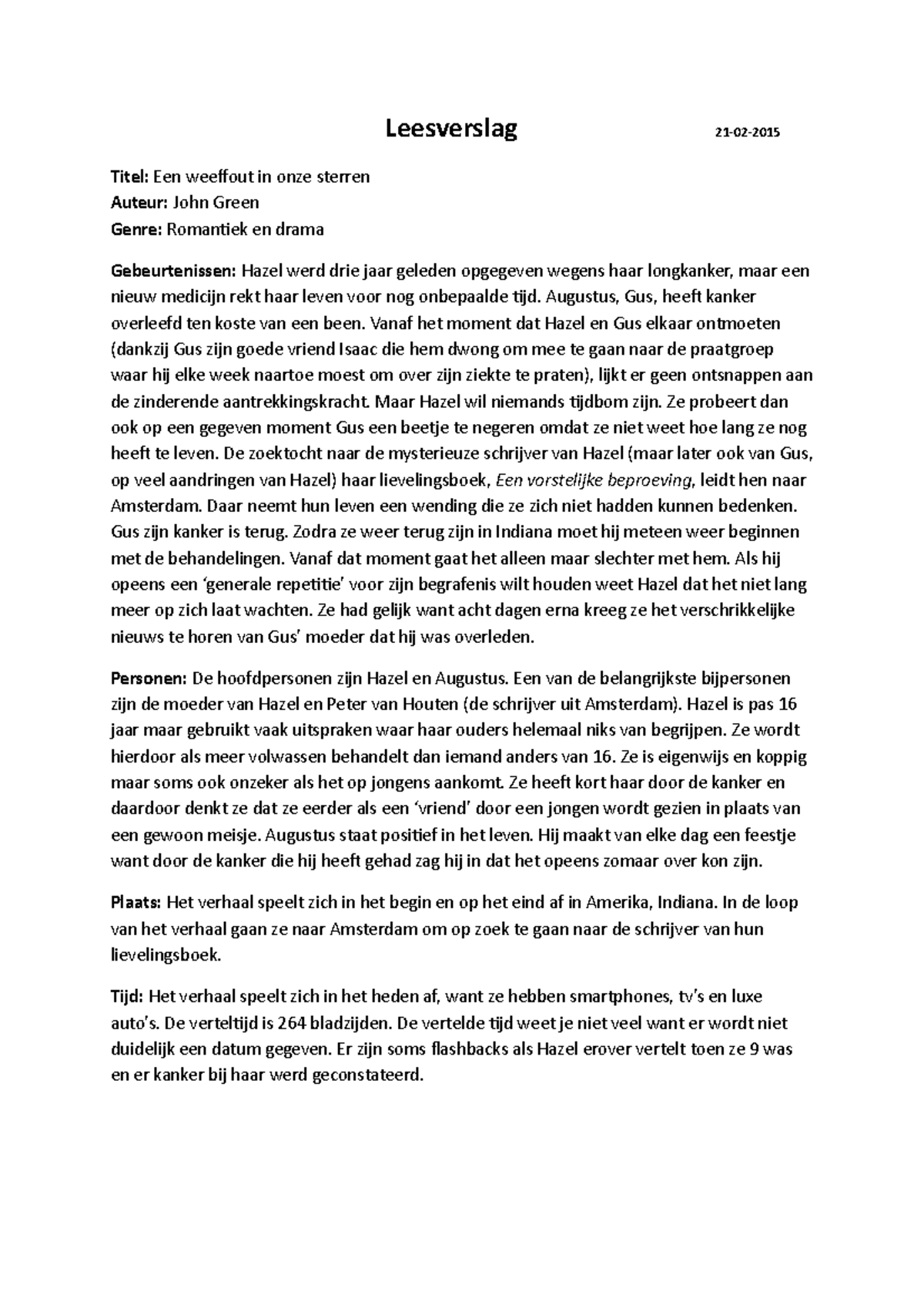 Leesverslag 1 Tfios: Een Weeffout in Onze Sterren van John Green ...