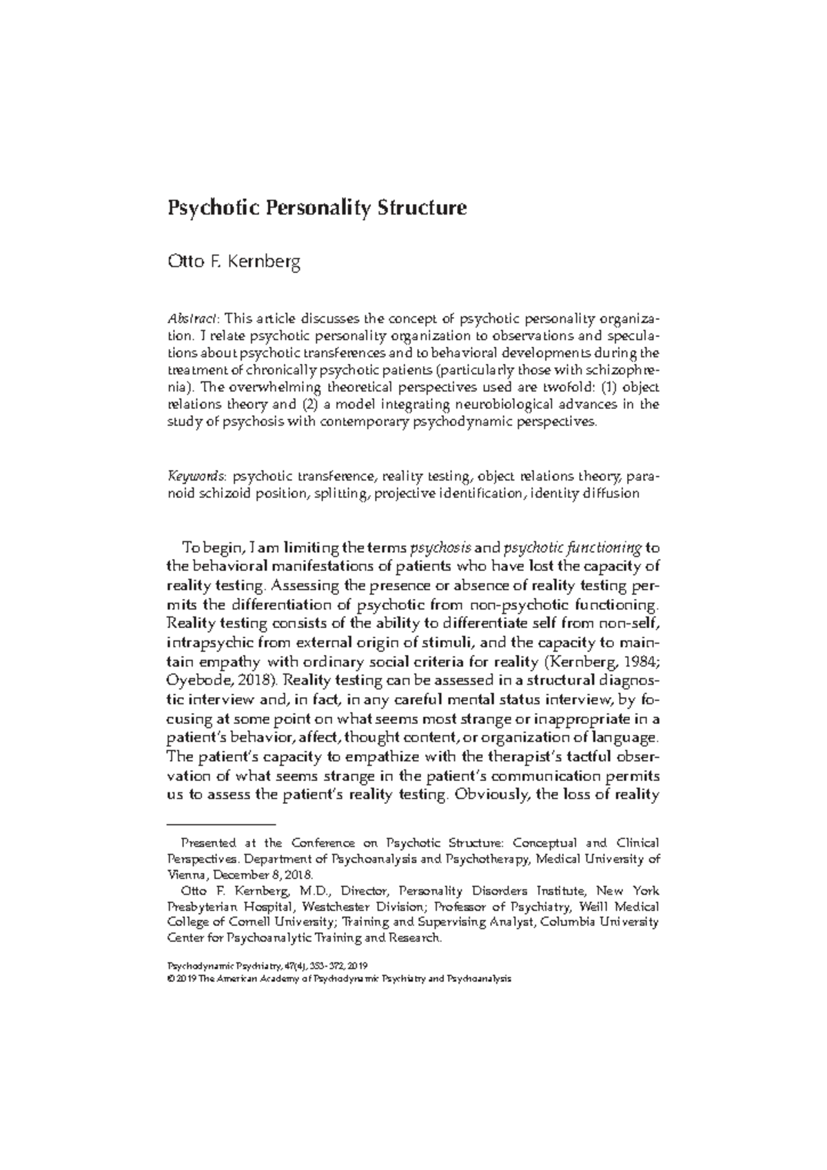 Kernberg, O. (2019 ) Psychotic Personality Structure - Psychodynamic ...