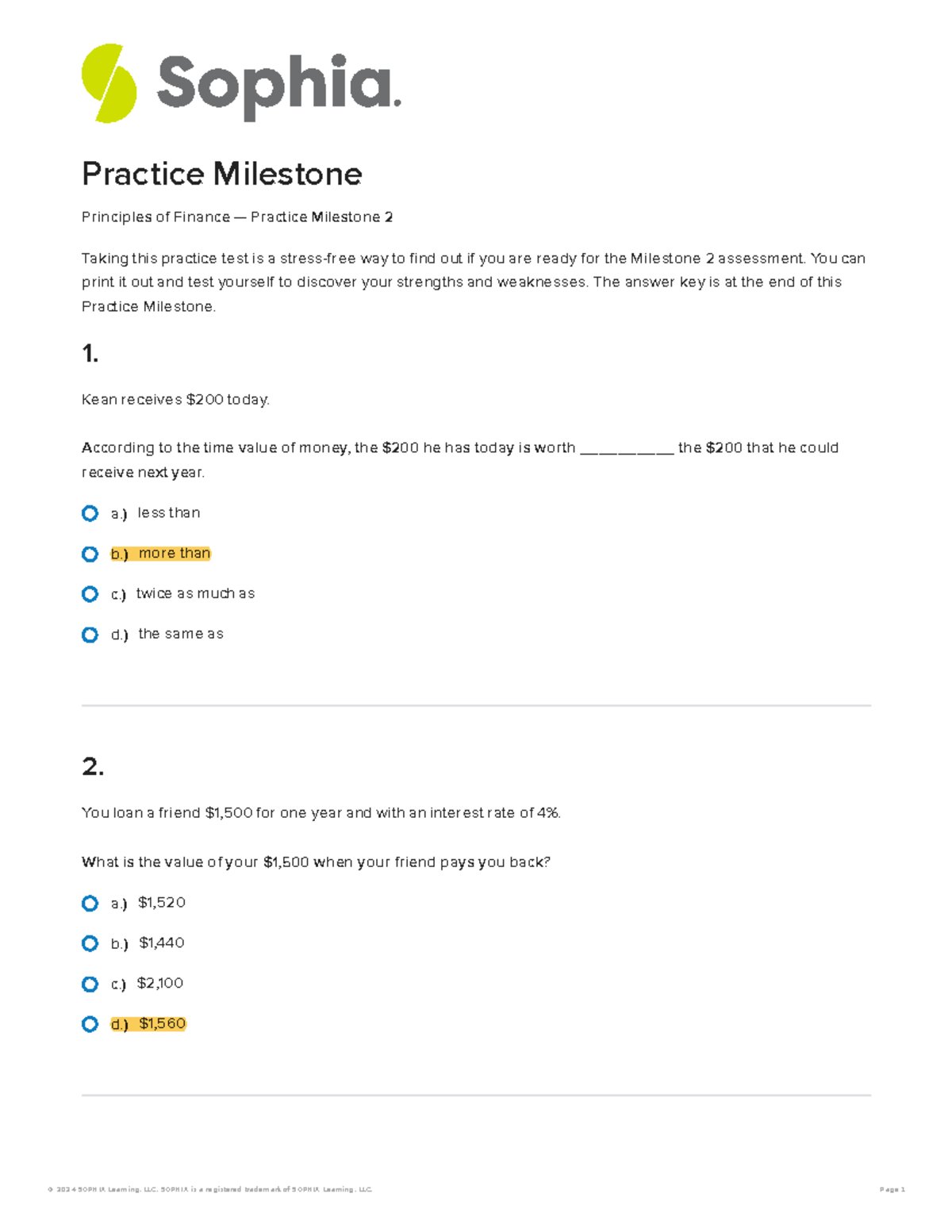 Fin1001 - Principles of Finance: Practice Milestone 2 Review Guide ...