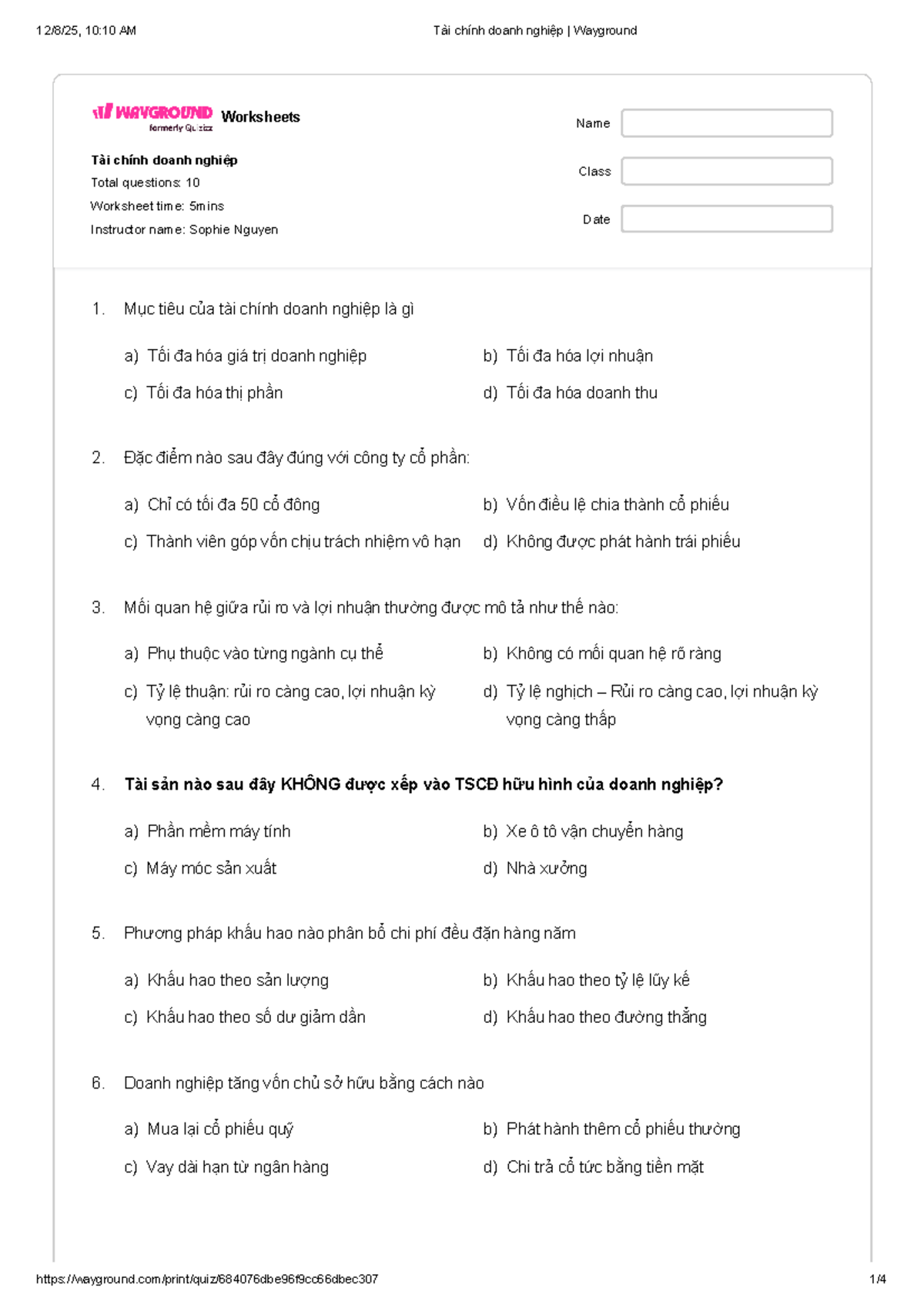 Tài chính Doanh Nghiệp 10:10 AM - Worksheets & Questions - Studocu