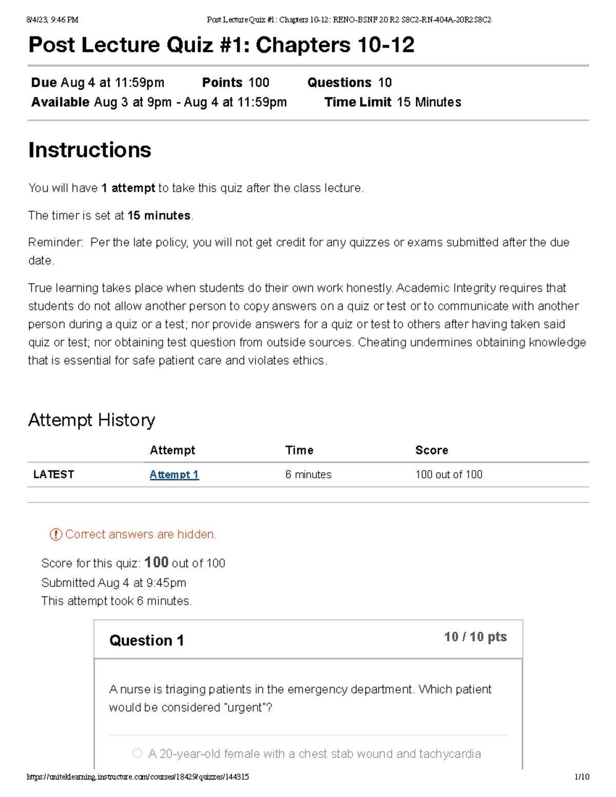 Post Lecture Quiz #1 Chapters 10-12 RENO-BSNF 20 R2 S8C2-RN-404A-20R2S8C2 - Post Lecture Quiz #1 ...