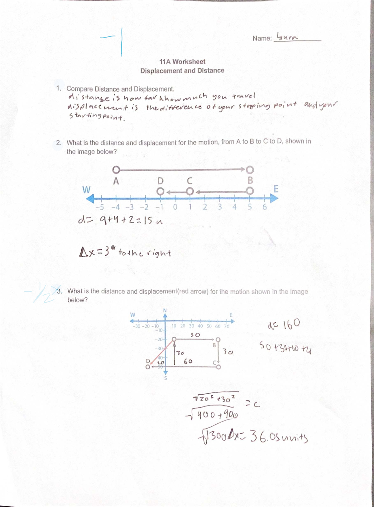 Laura 11A Worksheet: Understanding Displacement and Distance - Studocu