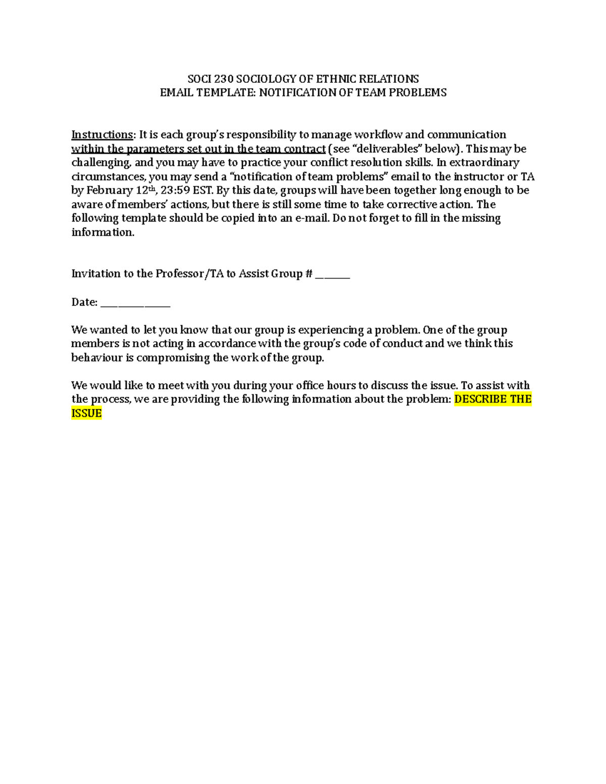 SOCI 230 Team Communication Email Template for Issues - Studocu