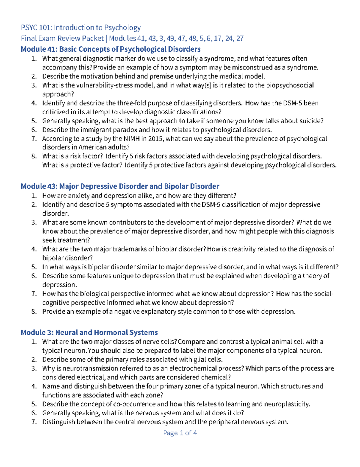 PSYC 101: Final Exam Review Packet for Modules 41, 43, 3, 49, 47, 48, 5 ...