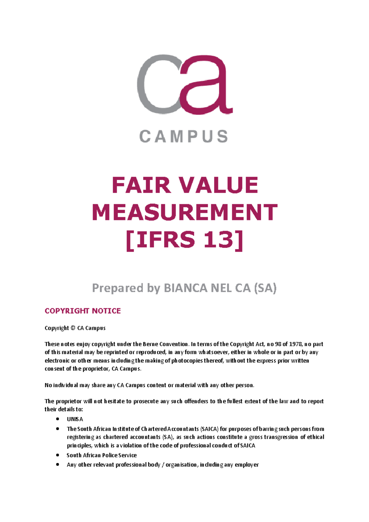 IFRS 13 - Lecture Notes & Examples - FAIR VALUE MEASUREMENT [IFRS 13 ...