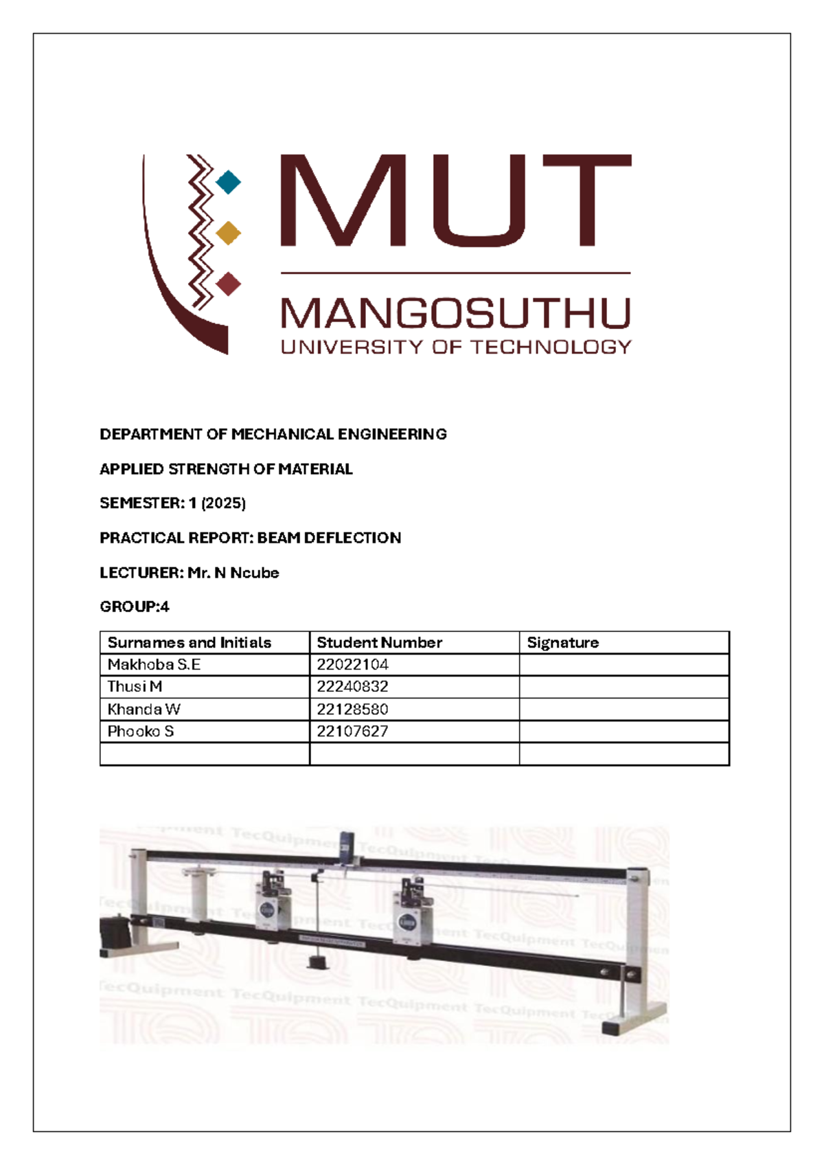 MECH 101: Beam Deflection Practical Report - Semester 1 (2025) - Studocu