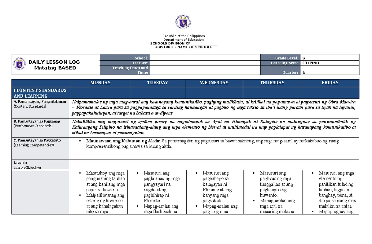 WEEK 1 Matatag Lesson Plan for Filipino 8 - Studocu
