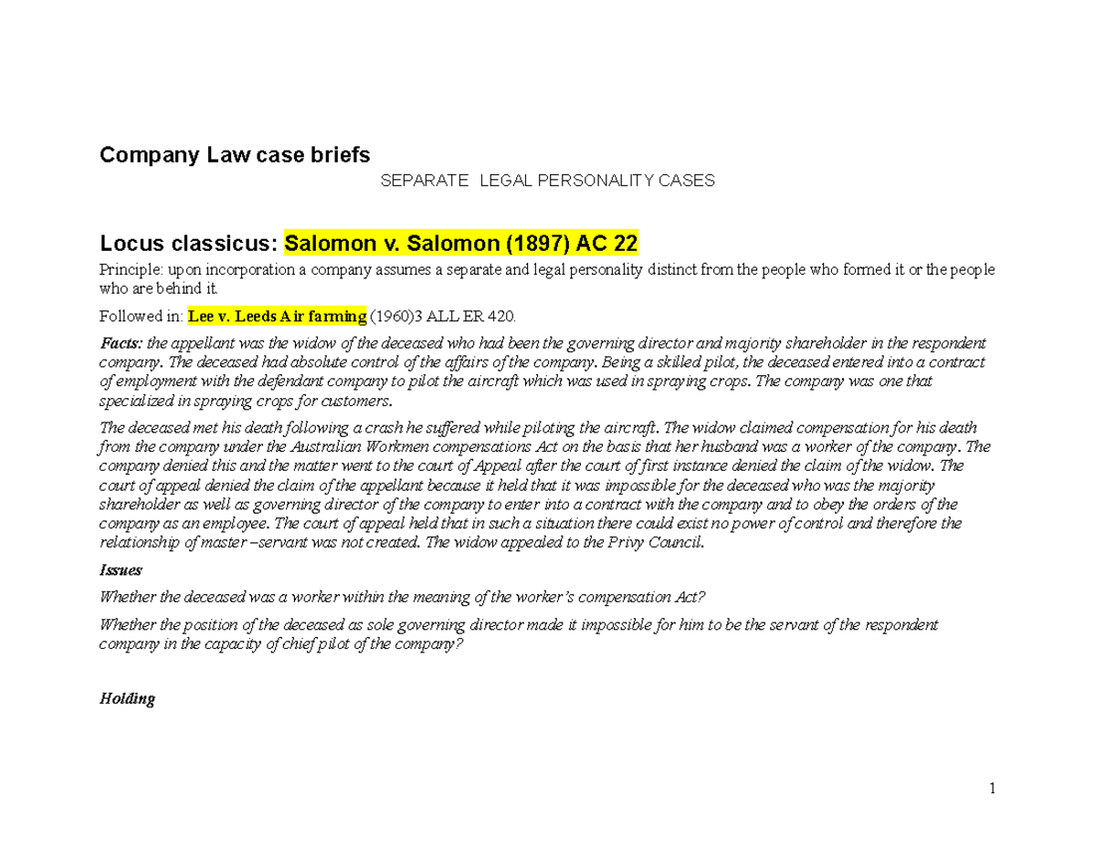 Company Law Case Briefs: Key Cases on Separate Legal Personality - Studocu