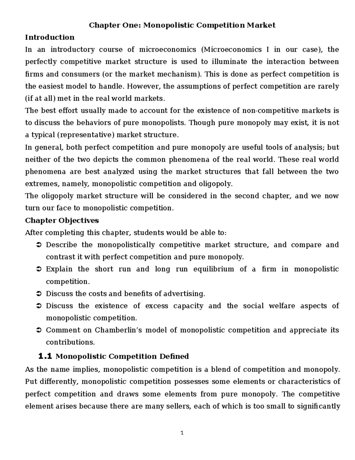 Chapter One Monopolistic Competition - This is done as perfect ...