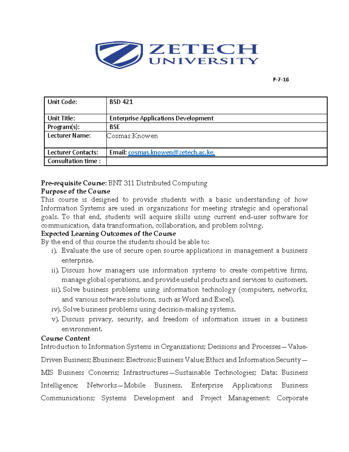 BSD 421 Course Outline: Enterprise Applications Development - Studocu