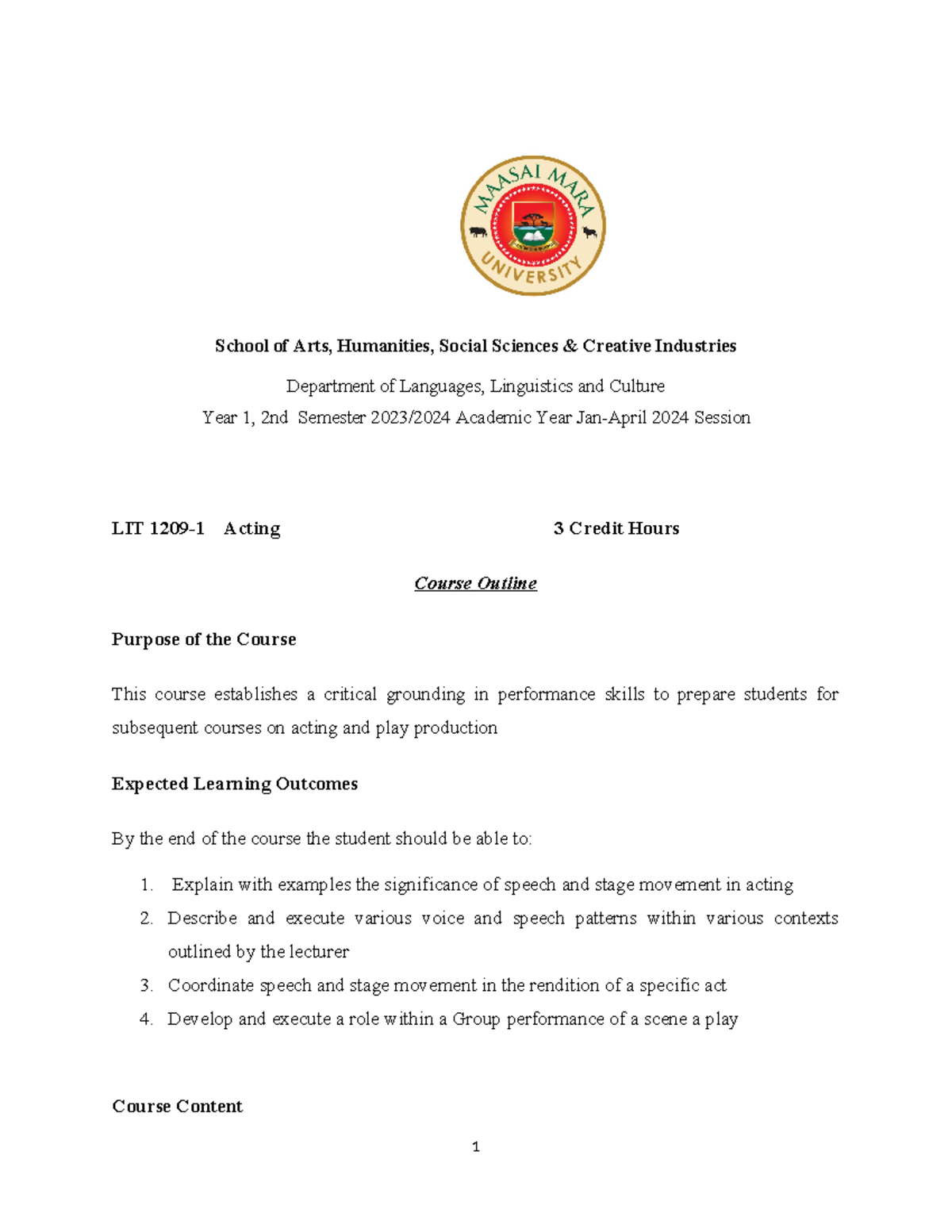 Acting Course Outline MMU - School of Arts, Humanities, Social Sciences ...