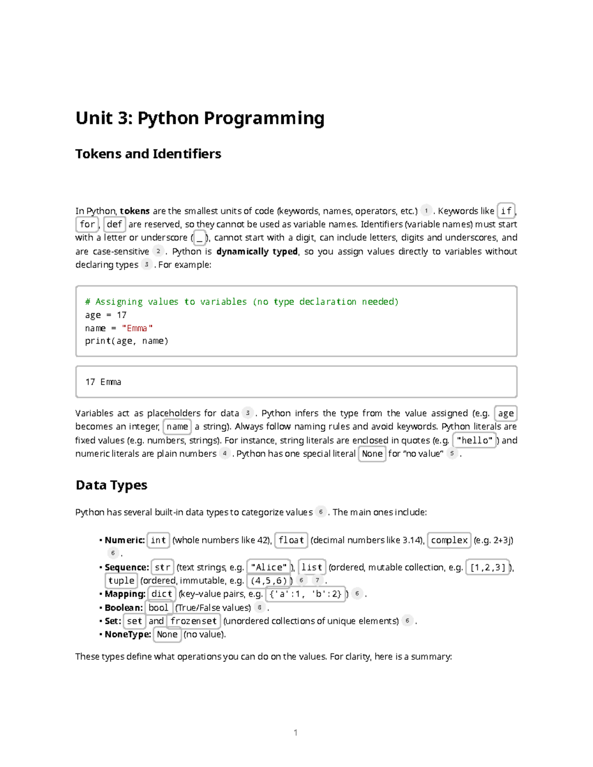 Unit 3: Python Programming - Tokens, Identifiers, and Data Types - Studocu