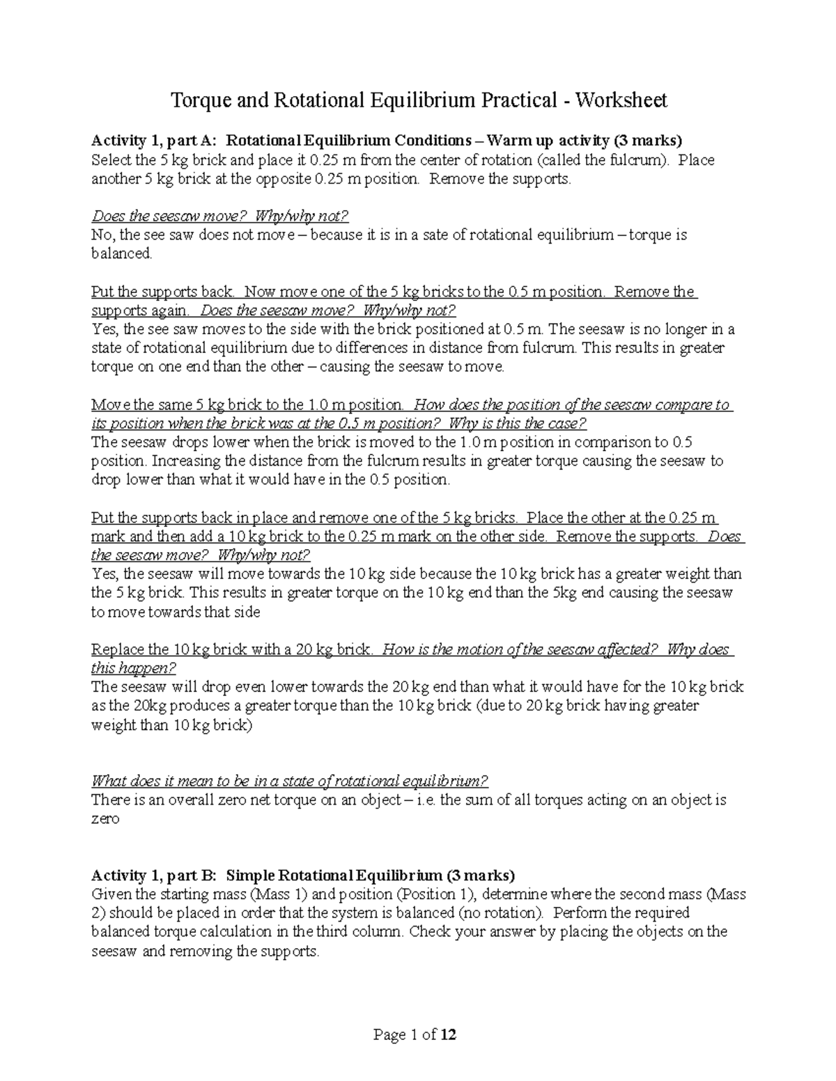 BMS1031 Week 6 Lab worksheet - Torque and Rotational Equilibrium ...