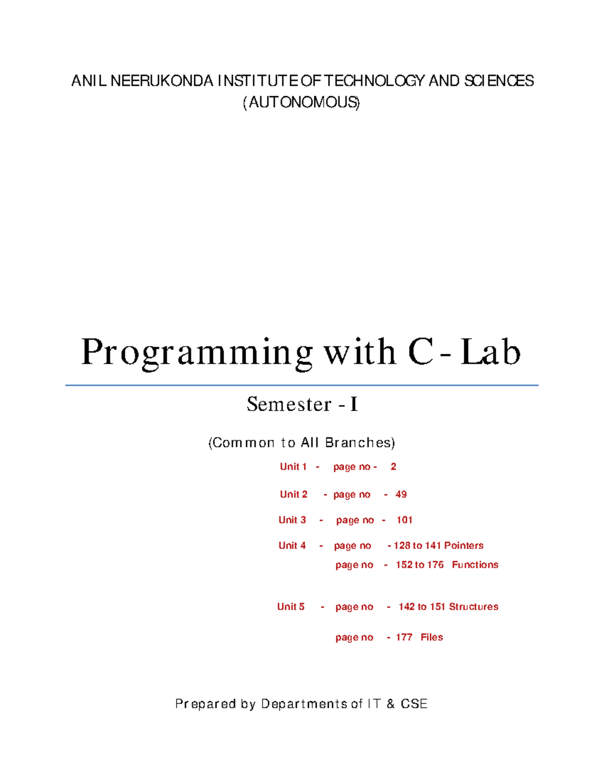 Programming with C Lab - Semester I (Common to All Branches) - Studocu