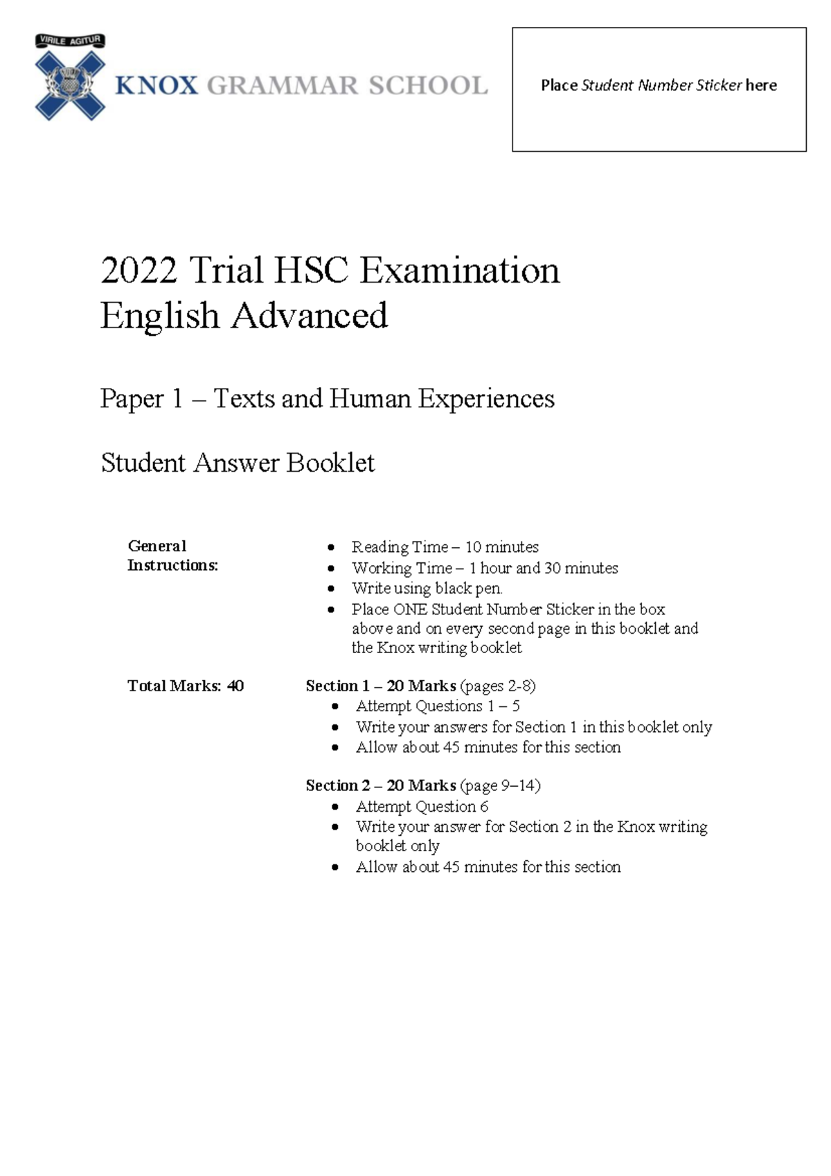 KNOX 2022 Trial HSC English Adv Paper 1 Answer Booklet - Final - Studocu