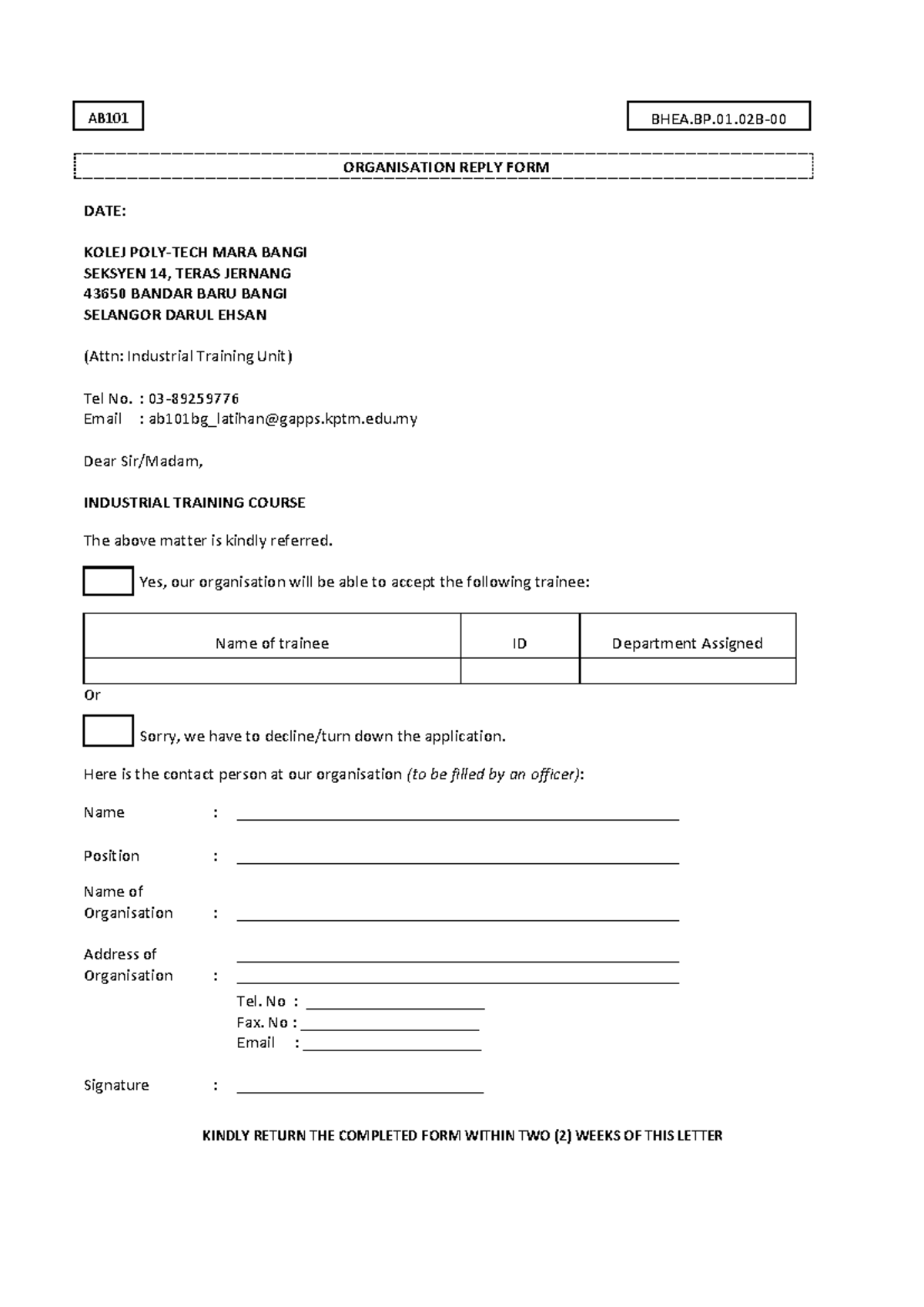 AB101 ORGANISATION REPLY FORM FOR INDUSTRIAL TRAINING - Studocu