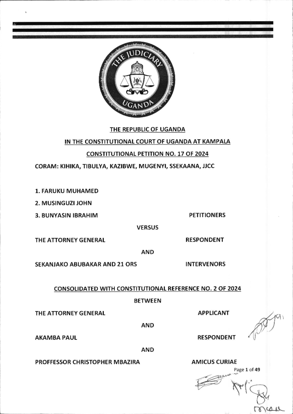 Constitutional Petition No. 17 of 2024: Faruku Muhamed v Attorney ...