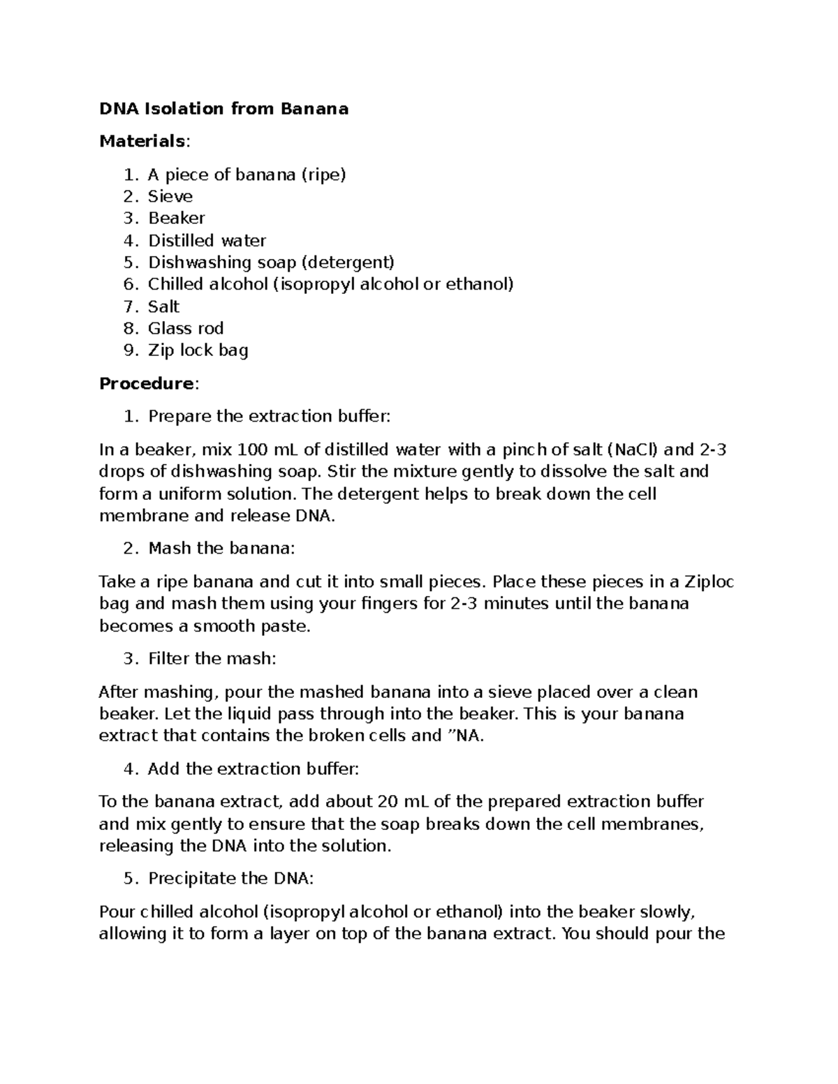 DNA Isolation Experiment: A Guide to Extracting DNA from Banana - Studocu