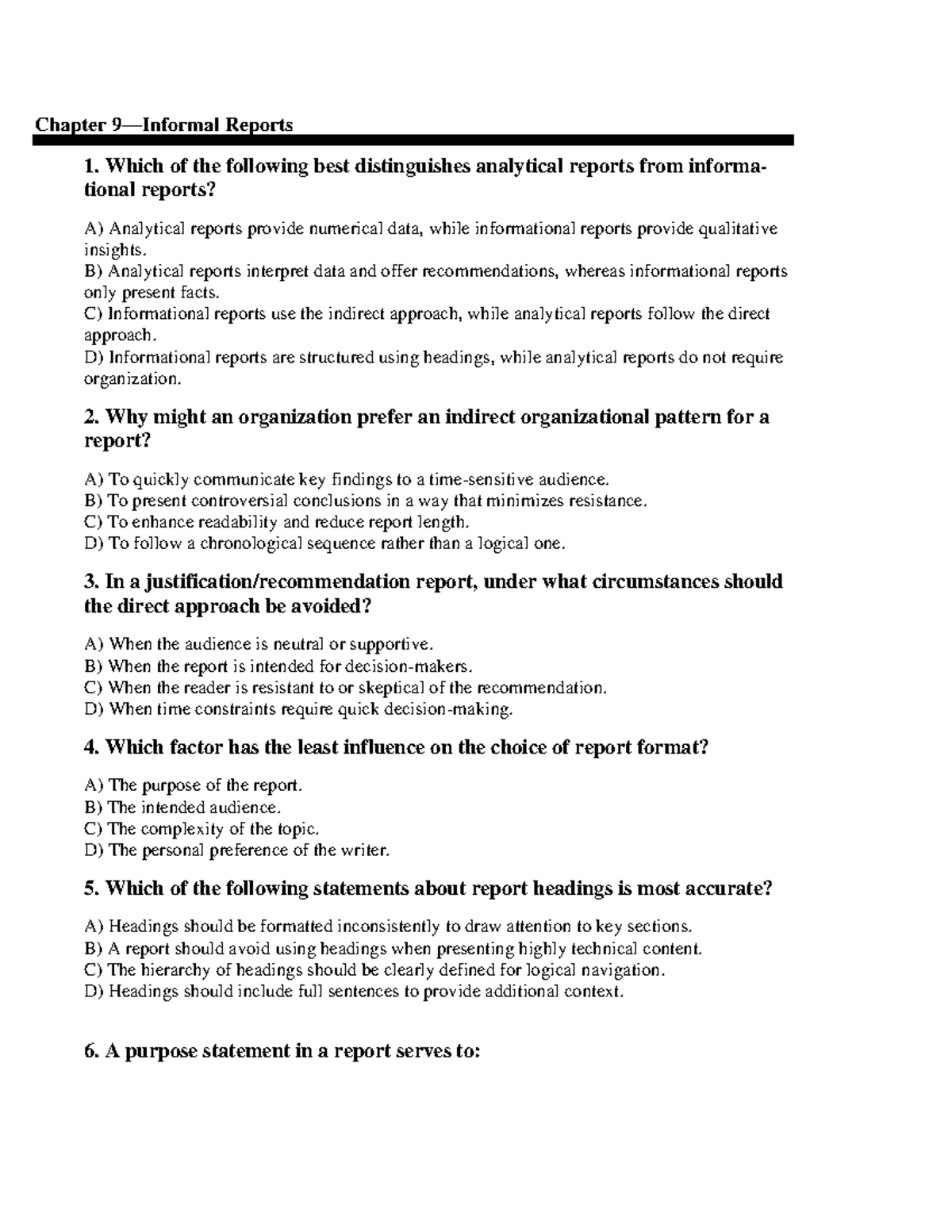 Chapter 9 Practice Questions: Analytical vs. Informational Reports - Studocu
