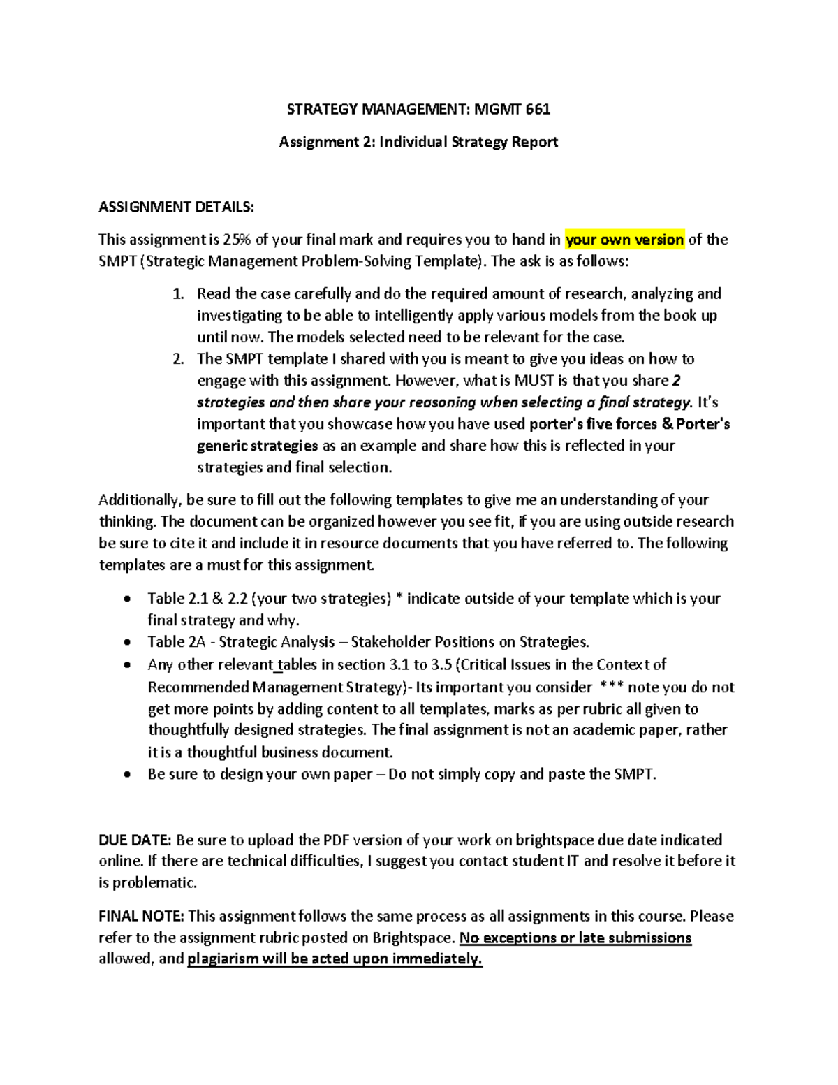 MGMT 661 - Assignment 2: Individual Strategy Report and Analysis - Studocu