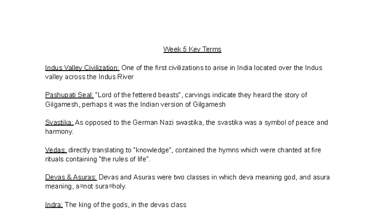 Week 5 Key Terms: Indus Valley Civilization Insights - Studocu