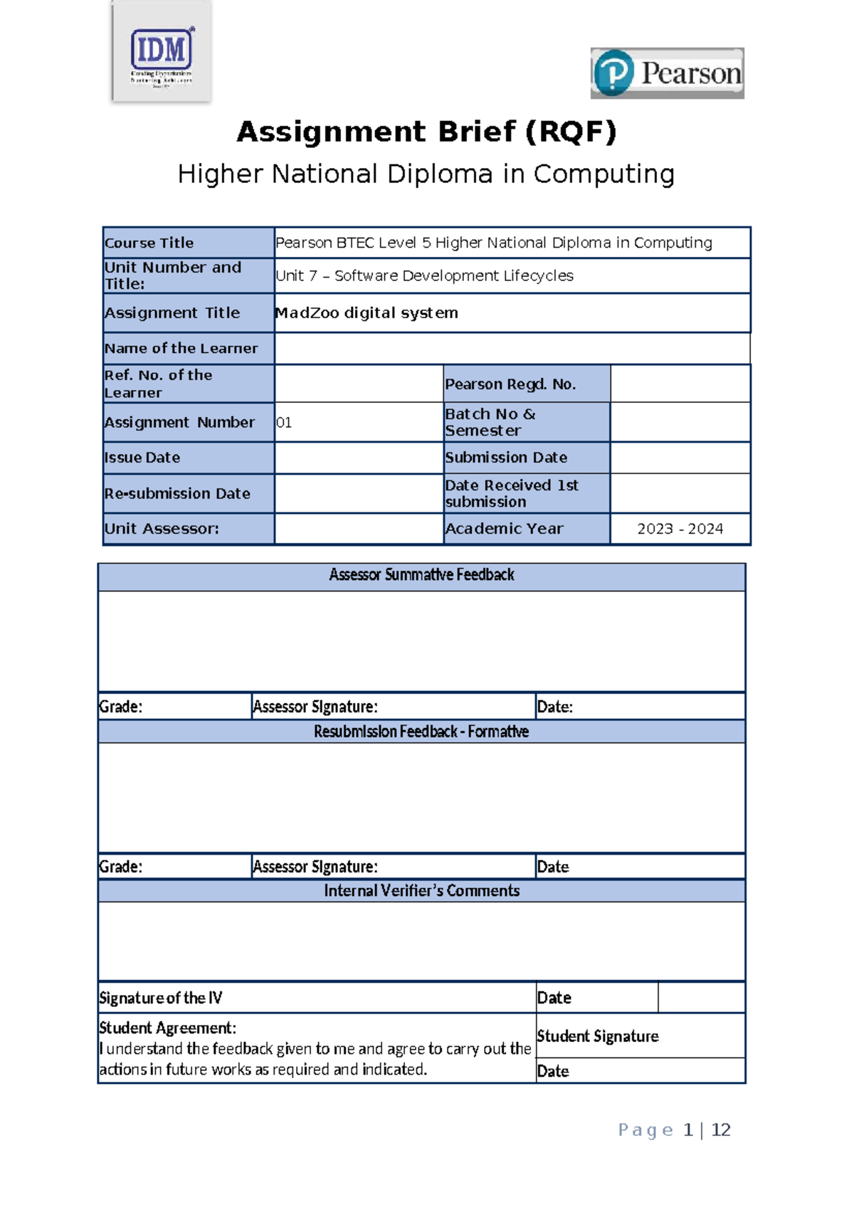 Unit 7 Assignment Brief: SDLC for MadZoo Digital System - Studocu