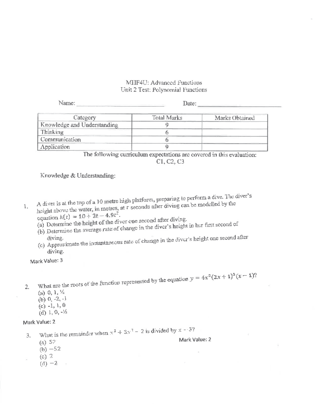 MHF4U - Unit 2 Test - practice - MGEA06H3 - Studocu