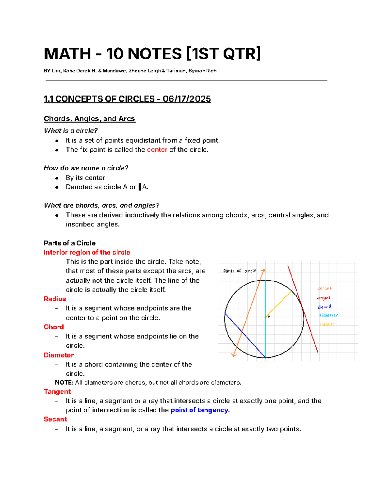 MATH 10 NOTES: Concepts of Circles - Chords, Angles, and Arcs - Studocu