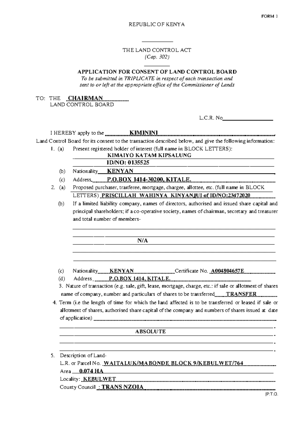 LCB Application - yess - REPUBLIC OF KENYA FORM 1 THE LAND CONTROL ACT ...