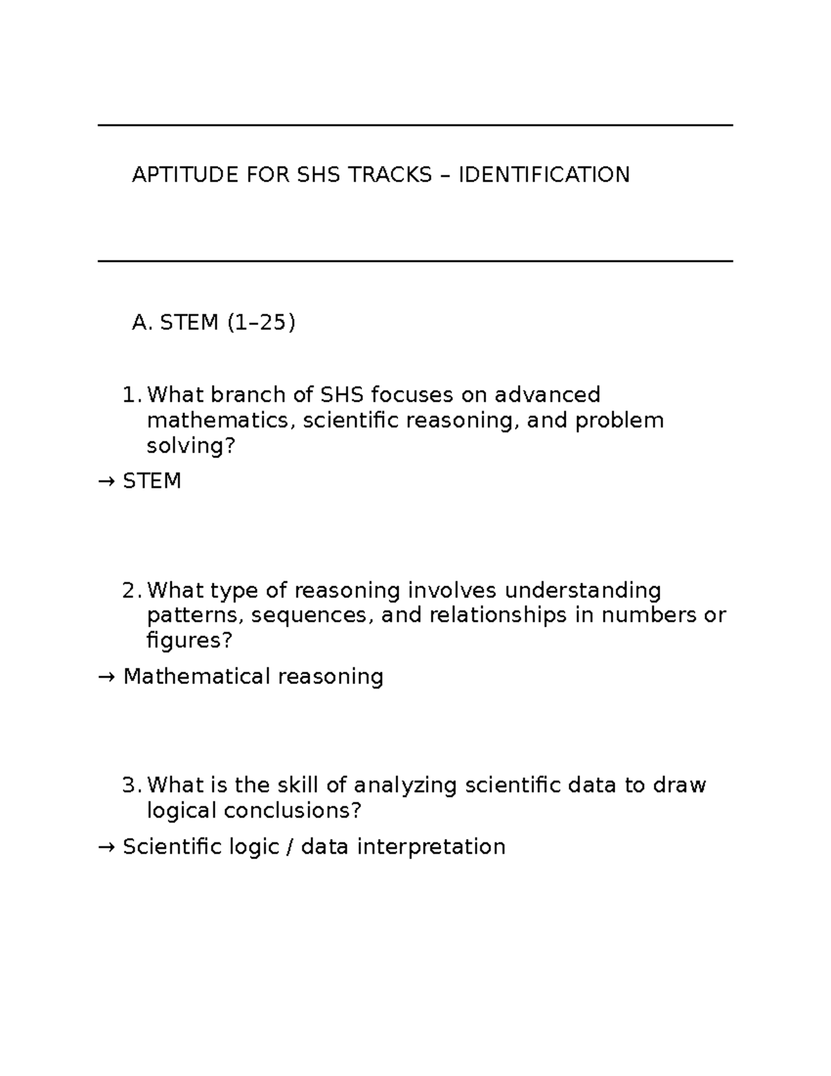 APTITUDE FOR SHS TRACKS REVIEWER: STEM, ABM, HUMSS, TVL - Studocu