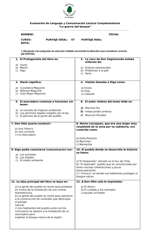 Prueba DE Matilda Alumnos - PRUEBA DEL LECTURA COMPLEMENTARIA: MATILDA 5° BASICO NOMBRE: - Studocu