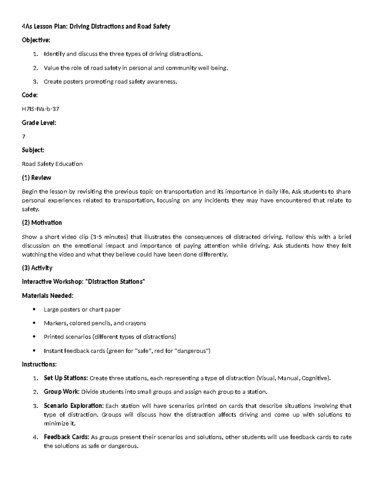 H7IS-IVa-b- Road Safety & Driving Distractions Lesson Plan - Studocu