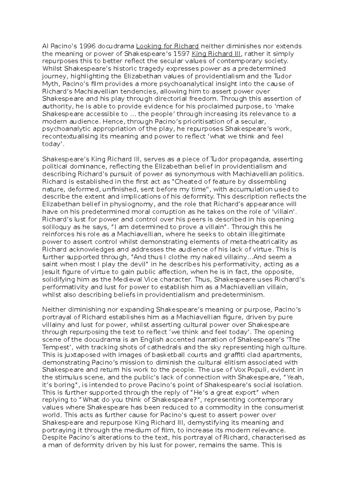 Mod A - King Richard and Looking for Richard Essay Analysis - Studocu