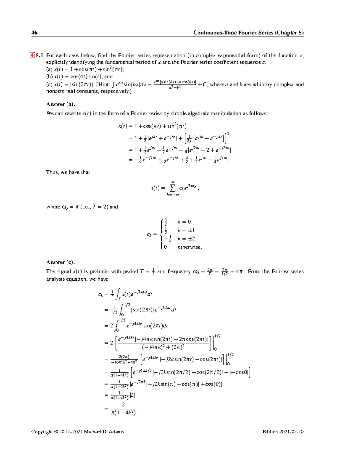 Assignment 4 solutions - 46 Continuous-Time Fourier Series (Chapter 5) 4 5 each case below, find ...