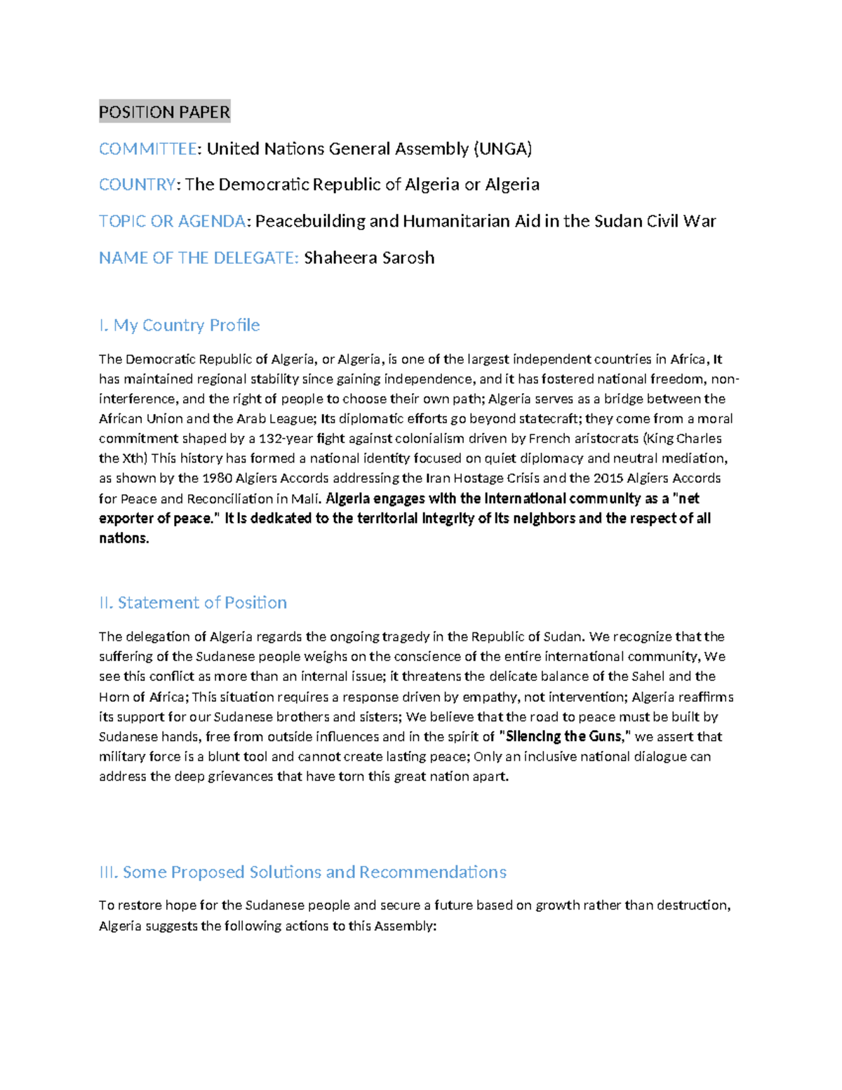 Position Paper: Algeria's Stance on Peacebuilding in Sudan (UNGA) - Studocu