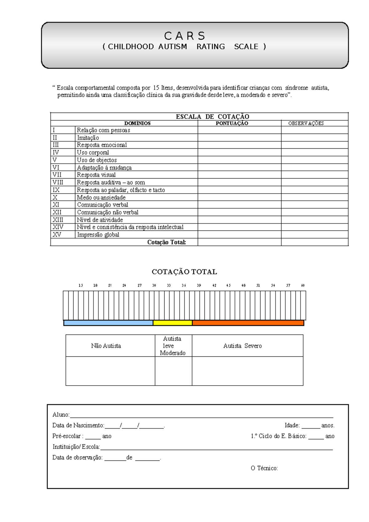 CARS (Childhood Autism Rating Scale) - Teste e Avaliação Comportamental ...