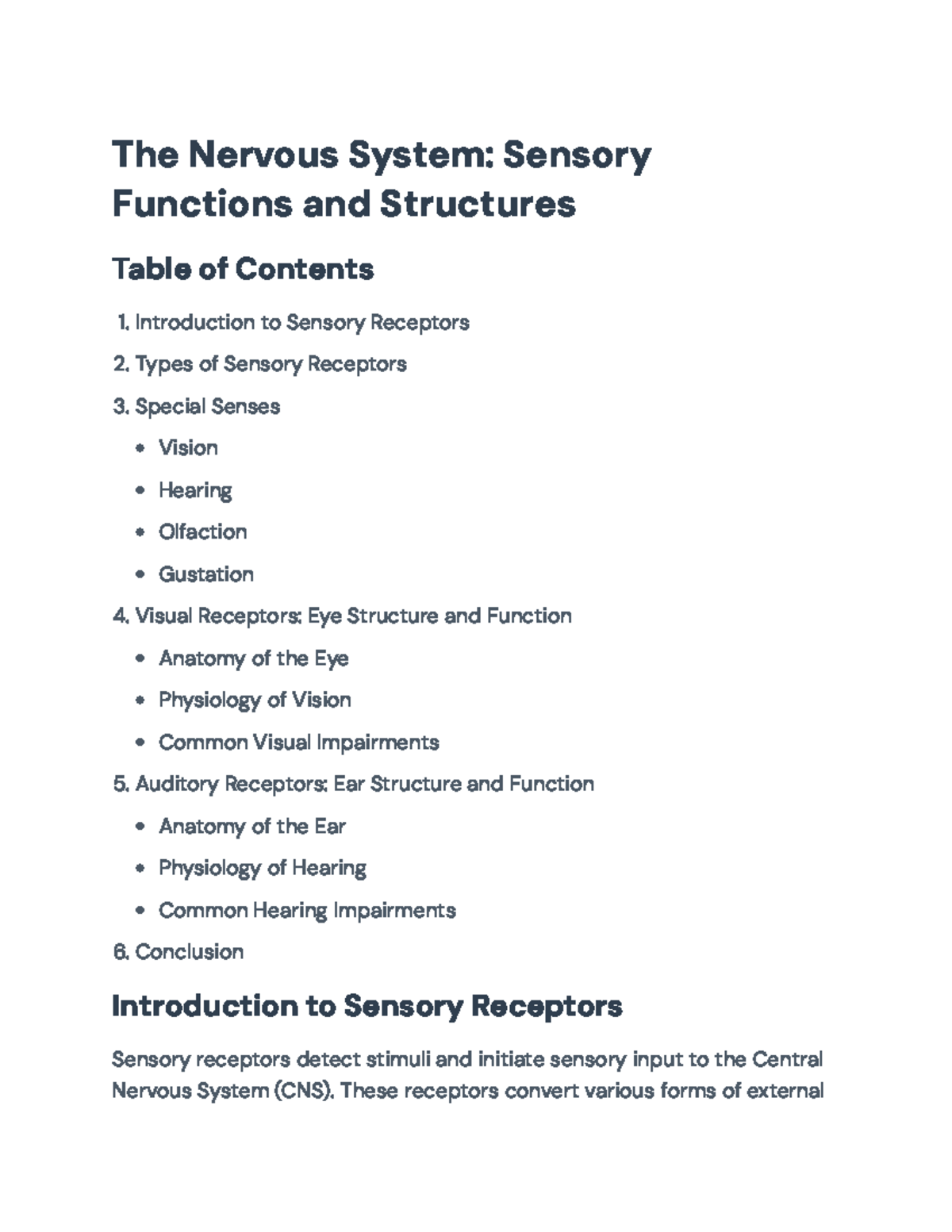 The Nervous System: Sensory Functions and Structures Overview - The Nervous System: Sensory ...